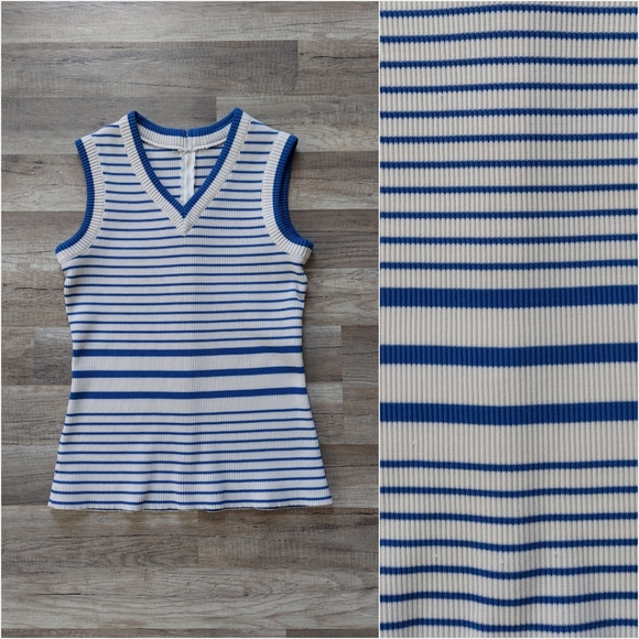 Vintage | Tops | Vintage 7s 80s Ribbed Tank Top Medium Large Blue White ...